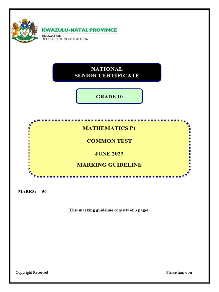 Mathematics p1 June 2023 GR 10 Marking Guideline | PDF