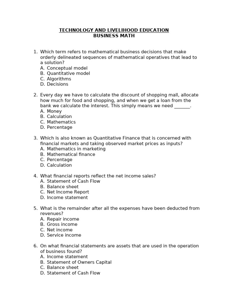 Business Math - Technology and Livelihood Education | PDF | Debits And ...
