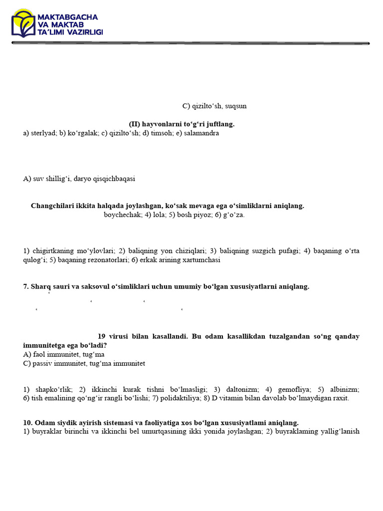 Biologiya 10 Test UZB | PDF
