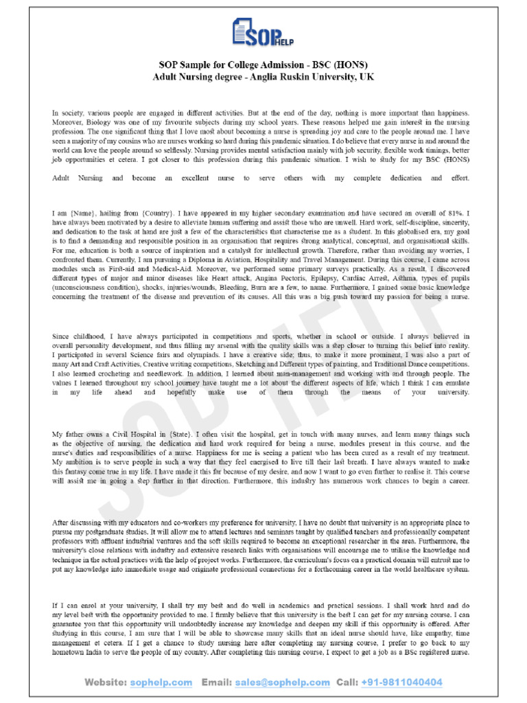 Sop Sample for College Admission Bsc Hons Adult Nursing Degree PDF | PDF