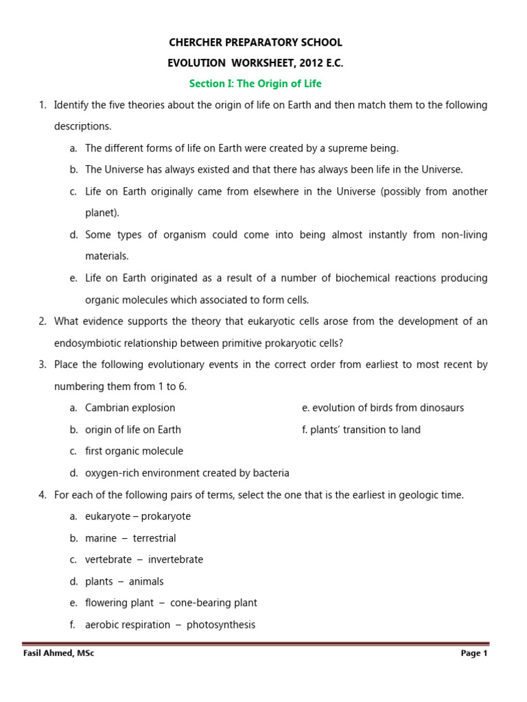 Origin and Theories of Evolution Worksheet | PDF | Homo | Hominidae