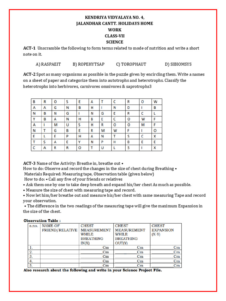 Summer Vacation Holioday HW VII 2024 | PDF | Digestion | Foods