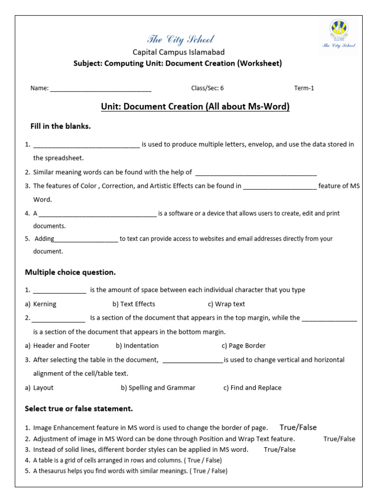 Class 6 Worksheet - Document Creation | PDF | Microsoft Word | Page Layout