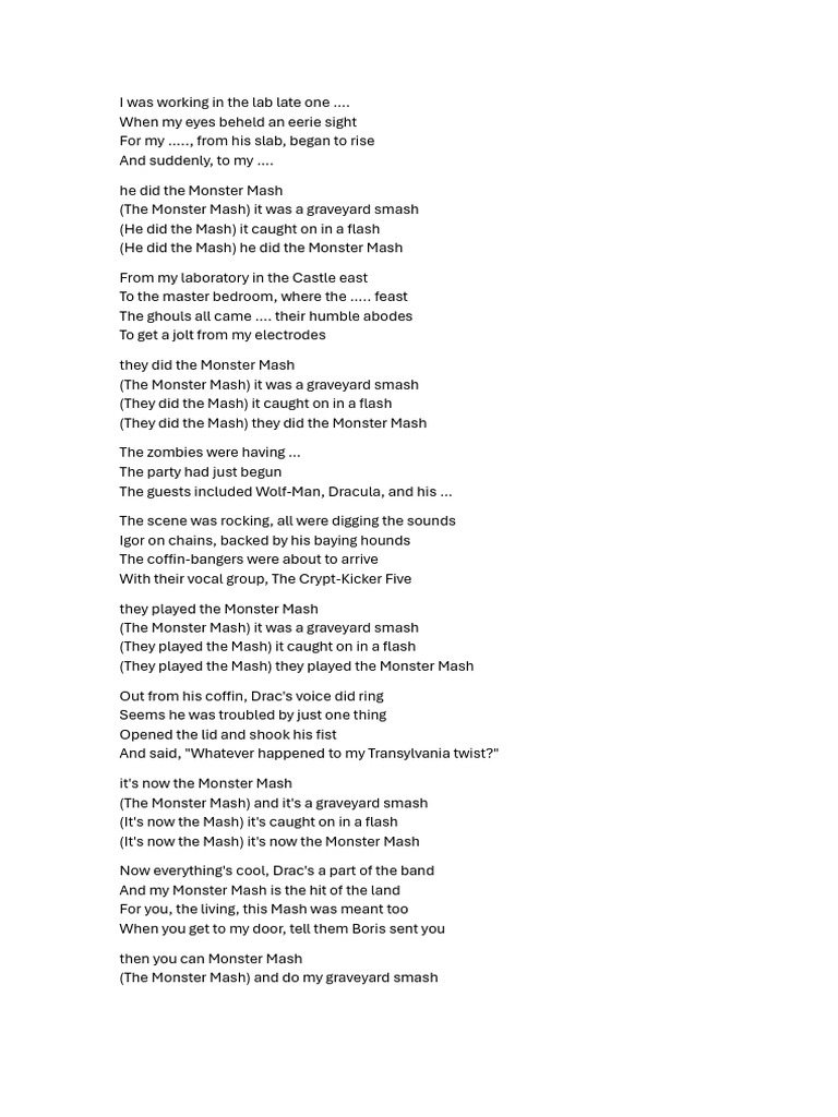 Monster Mash Lyrics and Worksheet | PDF