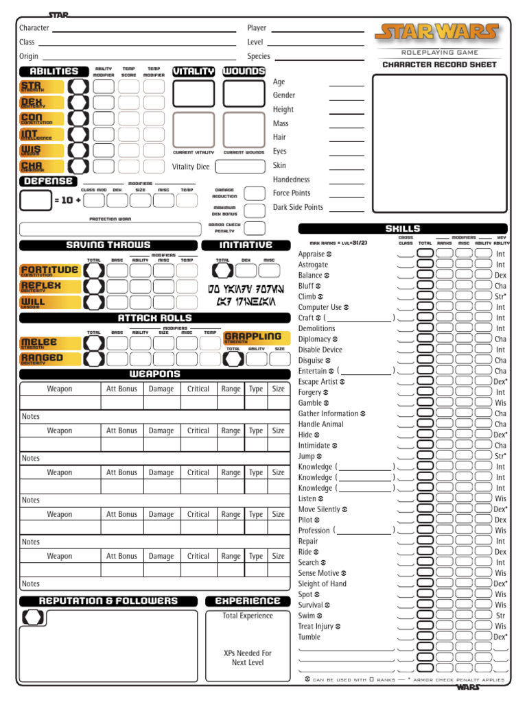 Star Wars Character Sheet | PDF | Gaming | Tabletop Games