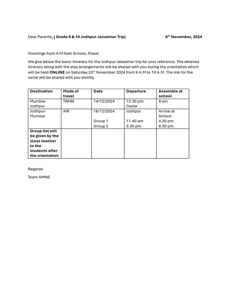 Basic Itinerary Grade 9 10 Jodhpur Jaisalmer | PDF