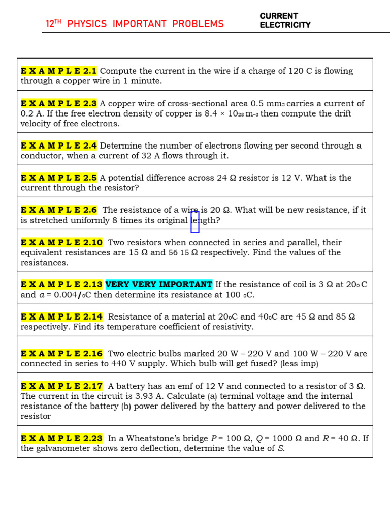 12th Grade Physics: Current Electricity Problems | PDF | Electrical ...