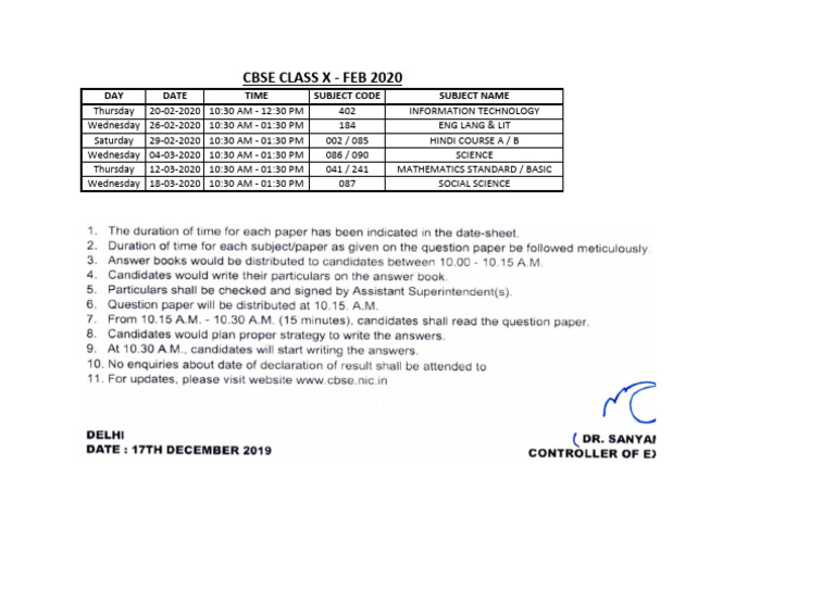 Time Table Feb 2020 Class X Cbse | PDF