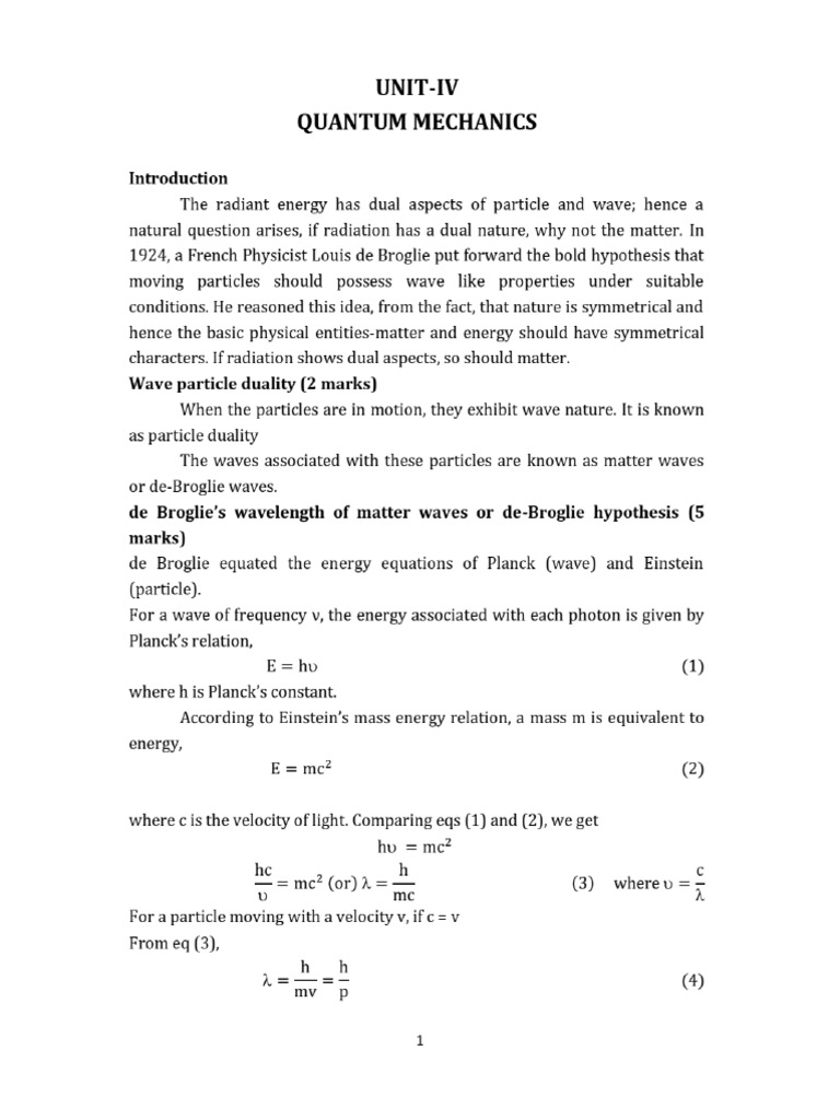 Unit IV Quantum Mechanics | PDF