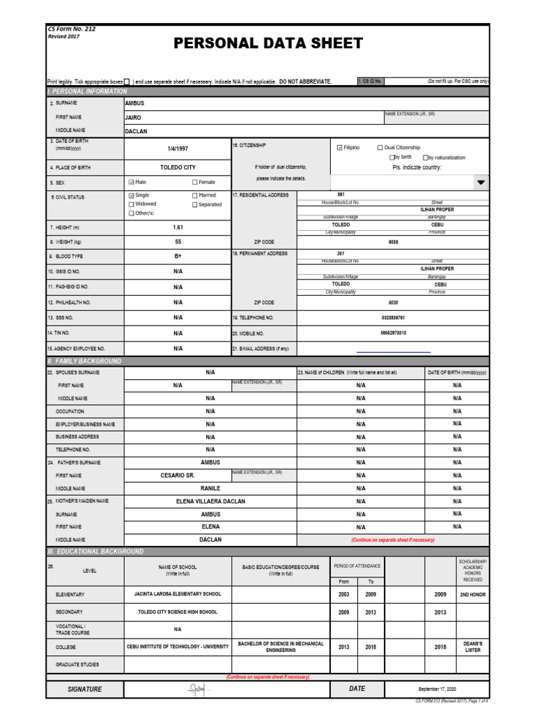 CS Form No. 212 Personal Data Sheet Revised | PDF