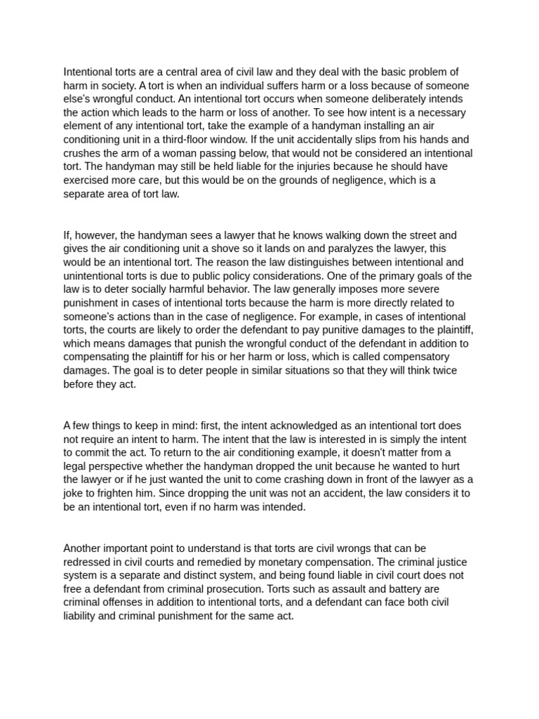 Intentional Torts Are A Central Area of Civil Law and They Deal With ...