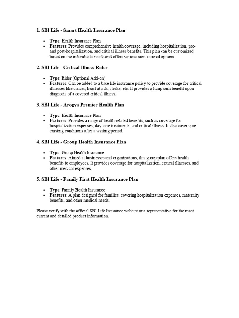 SBI Life Health Insurance Plans Overview | PDF