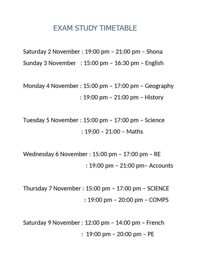 Exam Study Timetable | PDF