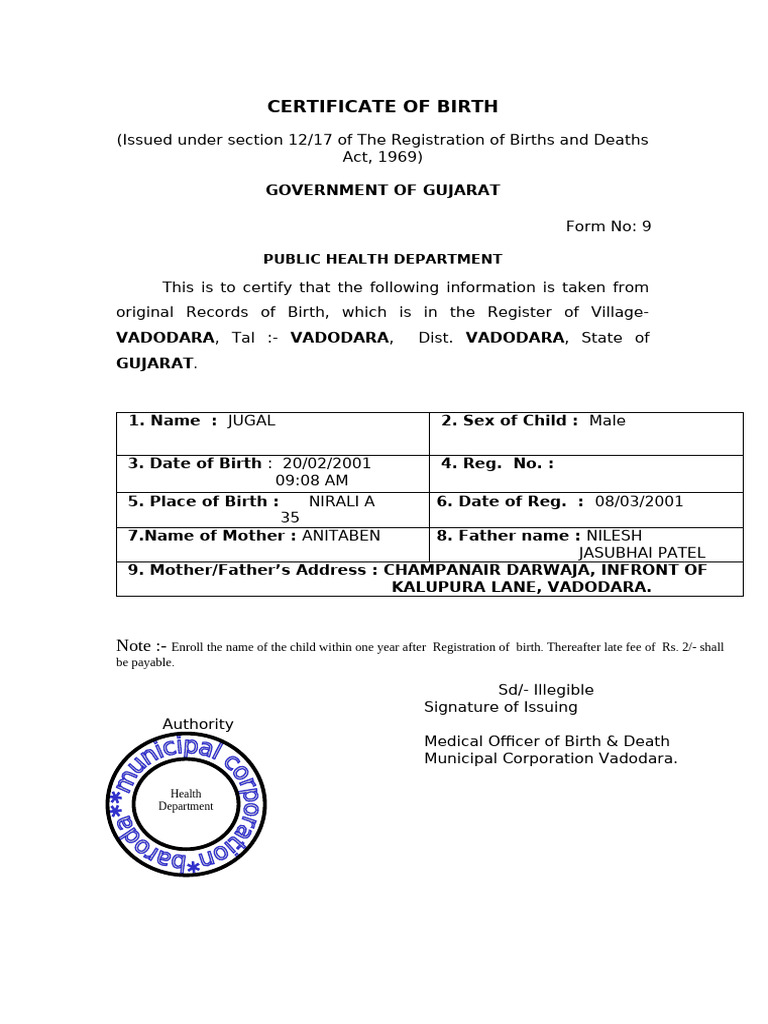 Birth c (Form No. 9) -Vmc | PDF