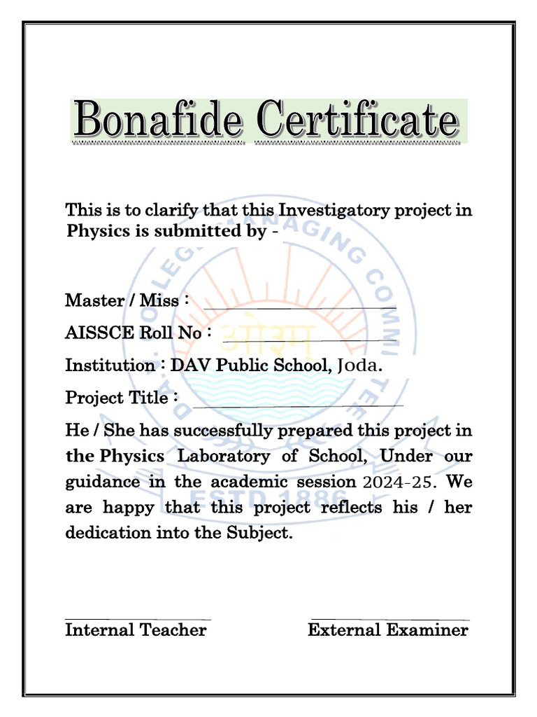 Bonafide Certificate Physics | PDF