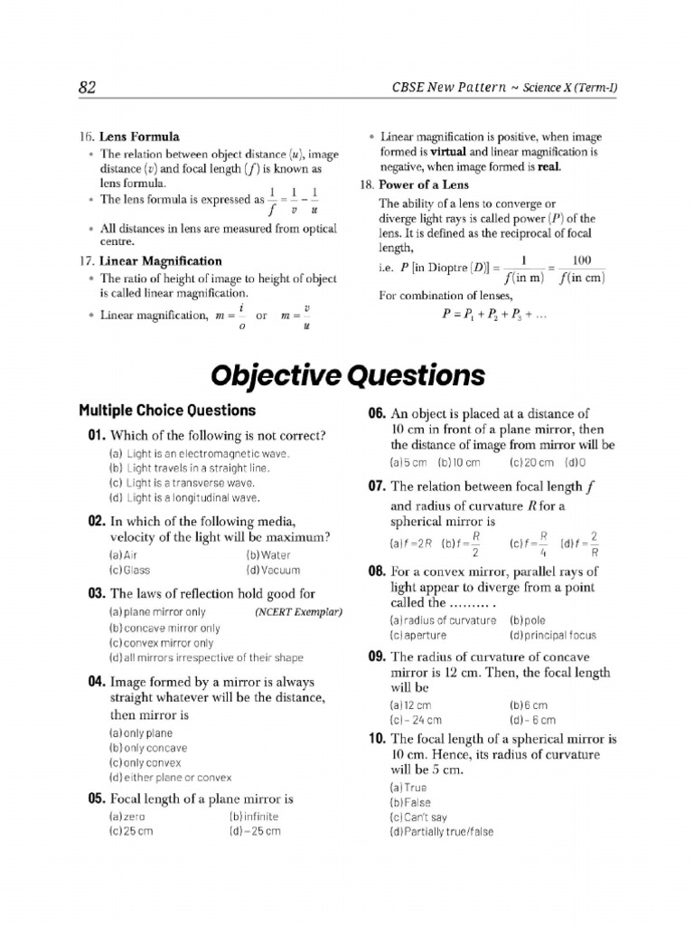Class 10 Science MCQ Chapter - Light Reflection & Refraction | PDF