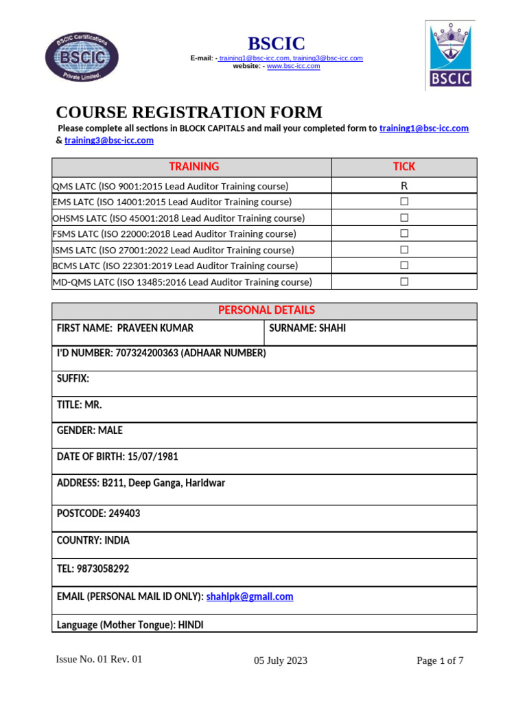 Course Registration Form I01 R01 05.07.2023 | PDF | Iso 9000 | Quality ...
