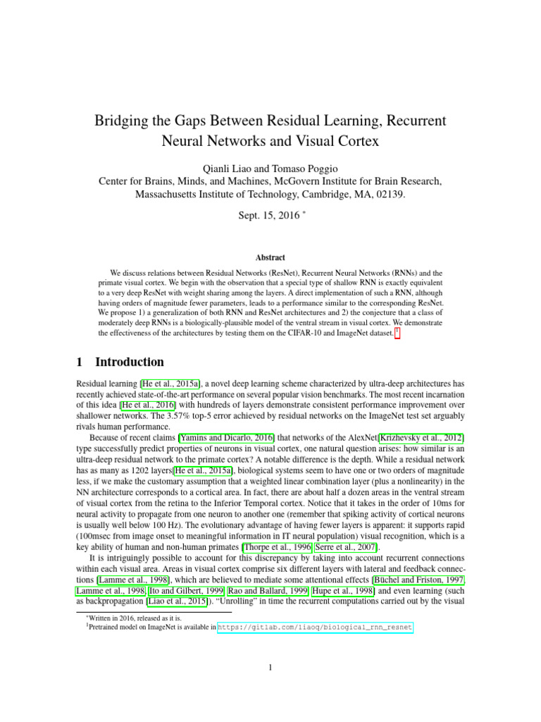 e Gaps Between Residual Learning, Recurrent | PDF | Artificial Neural Network | Visual Cortex