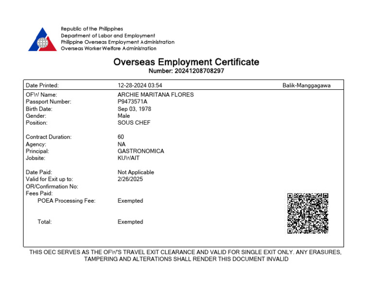 Overseas Employment Certificate for OFW | PDF