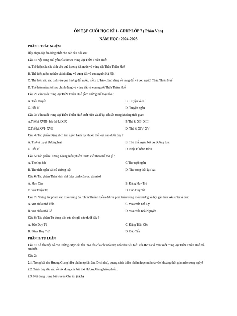 ÔN TẬP CUỐI HỌC KÌ 1 GDĐP 7 CK1 | PDF
