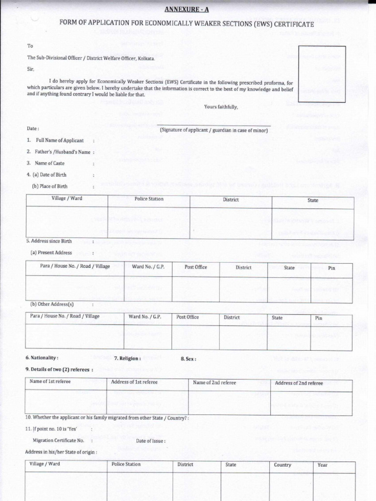 EWS West Bengal Application Form | PDF