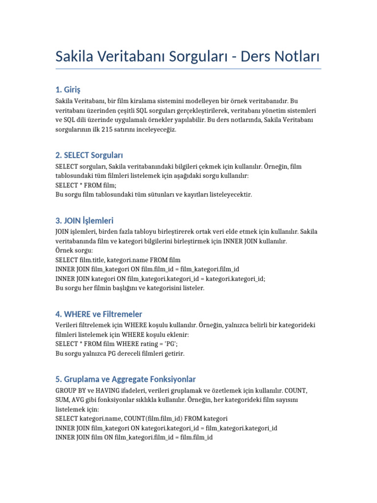 Sakila Sorgulari Ders Notlari | PDF