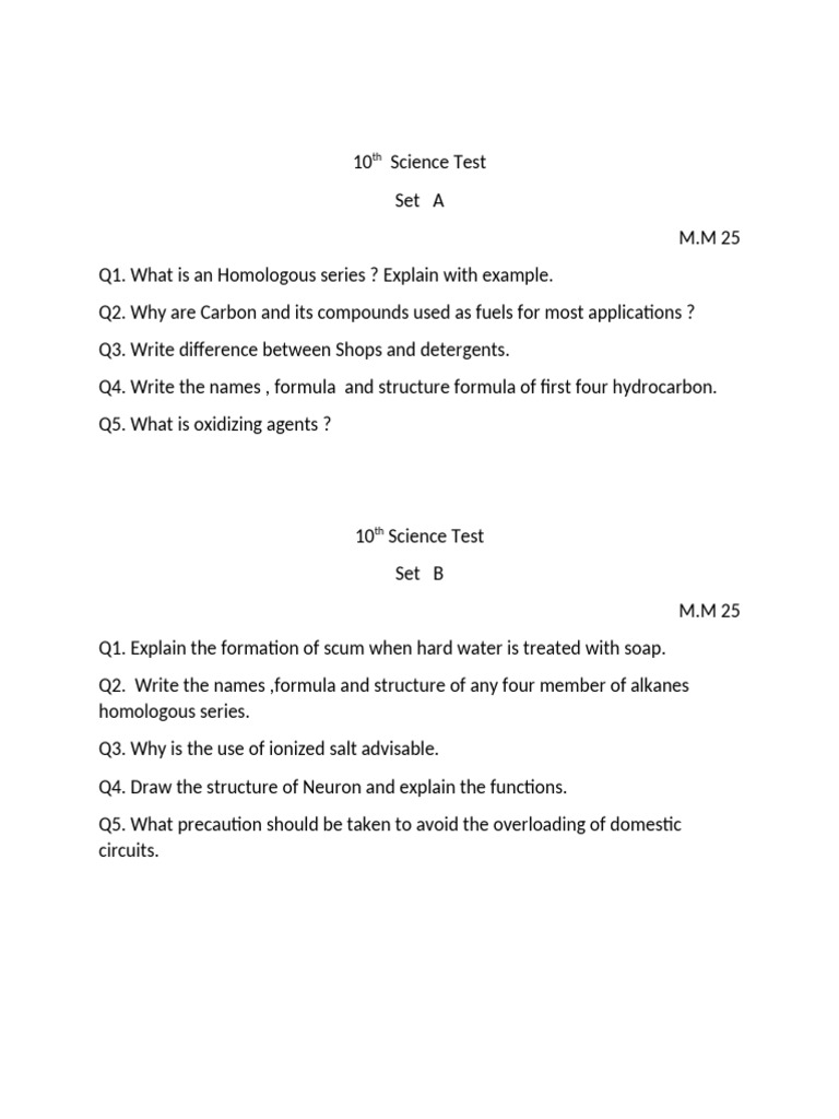 10th Science Test paper | PDF