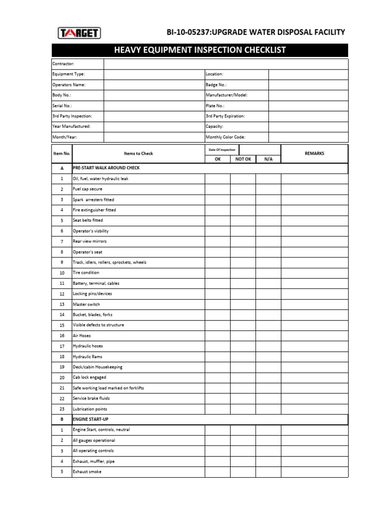 Heavy Equipment Inspection Checklist | PDF | Truck | Leak