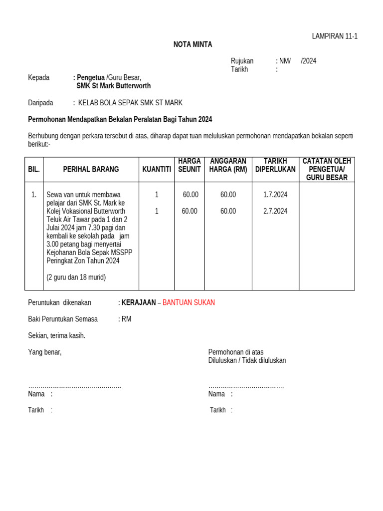 NOTA MINTA 2024 Sewa Van Bola Sepaki | PDF