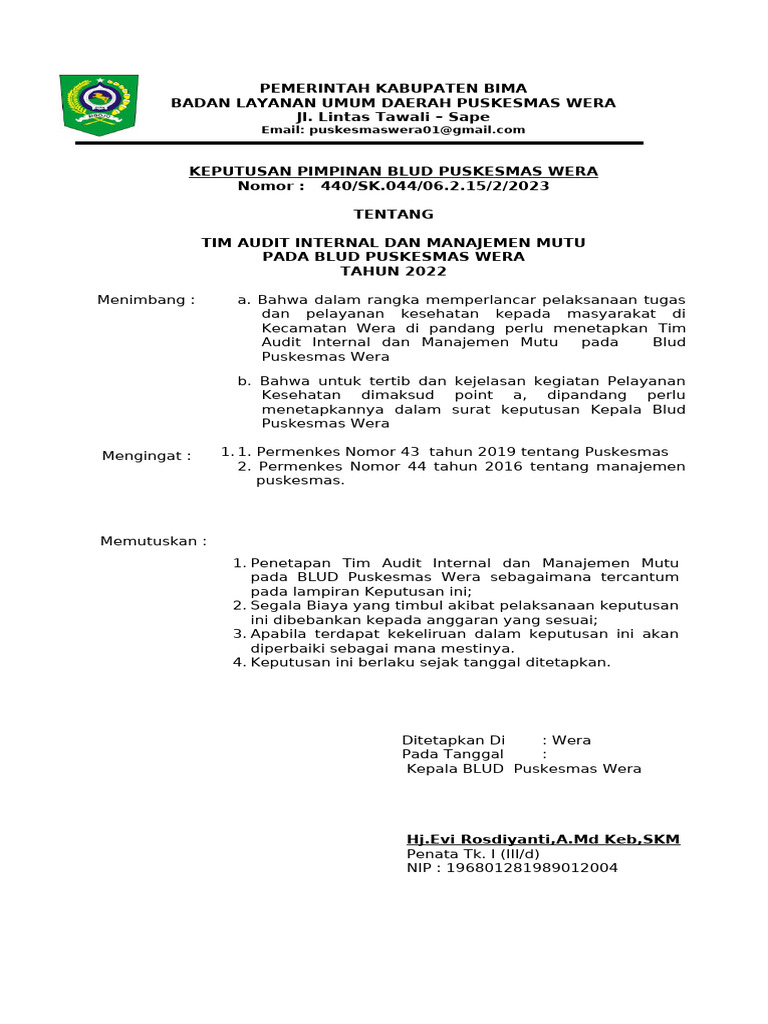 Tim Audit Internal Puskesmas Wera 2022 | PDF