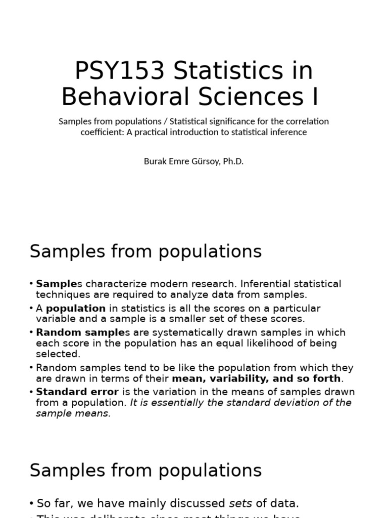 Samples From Populations Statistical Significance For The Correlation Coefficient A Practical ...