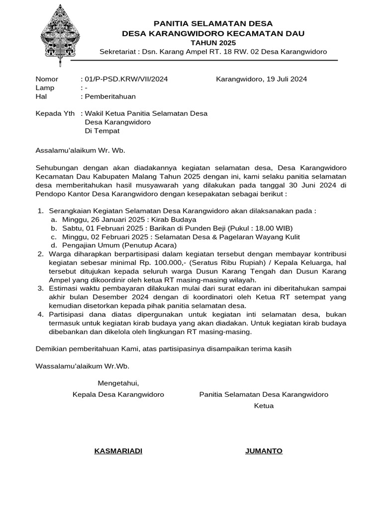 01-Surat Pemberitahuan Selamatan Desa | PDF