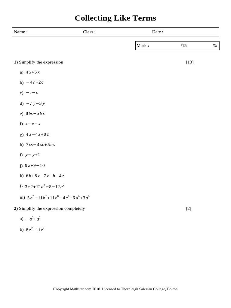 Collecting Like Terms - 1 | PDF