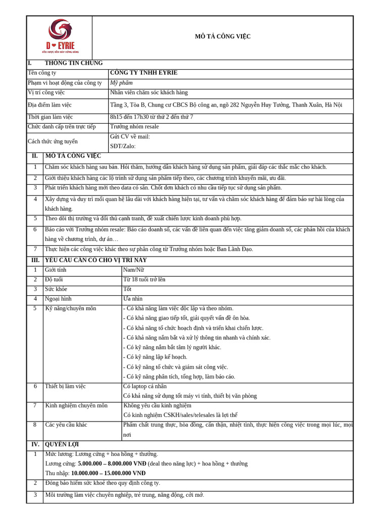 MTCV - Nhân Viên Chăm Sóc Khách Hàng | PDF