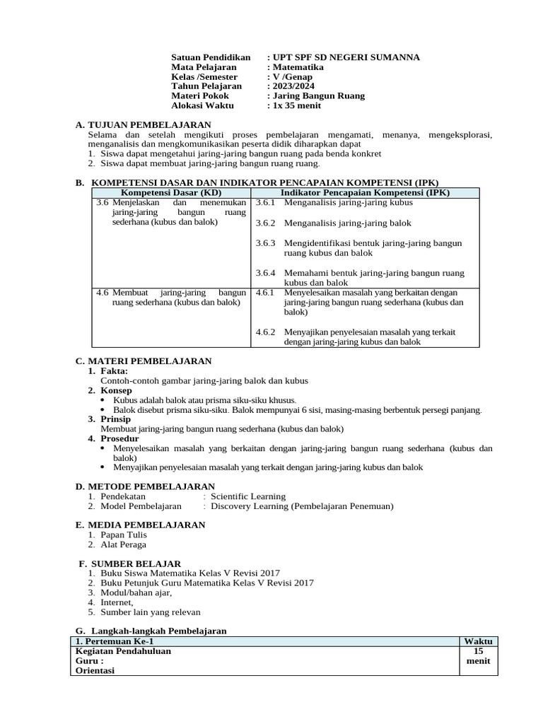 RPP MTK Kelas 5 Jaring Bangun Ruang | PDF