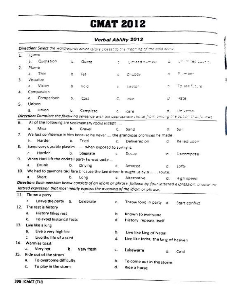 CMAT Verbal and Quantitative Ability Test | PDF