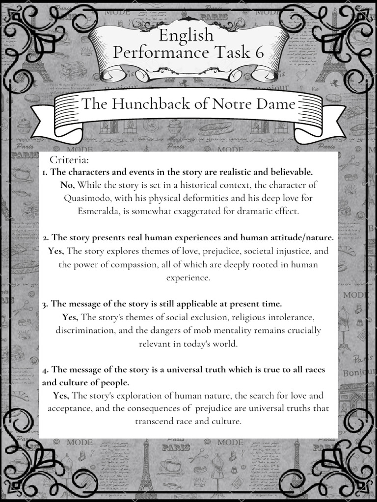 English Performance Task 6 | PDF | Quasimodo | Prejudices