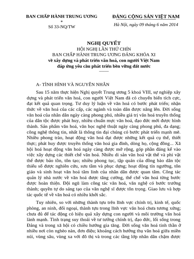 NQ TW 33 (NQ TW 9 khoá XI) ve xay dung va phat trien VAN HOA - CON NGUOI VIET NAM | PDF
