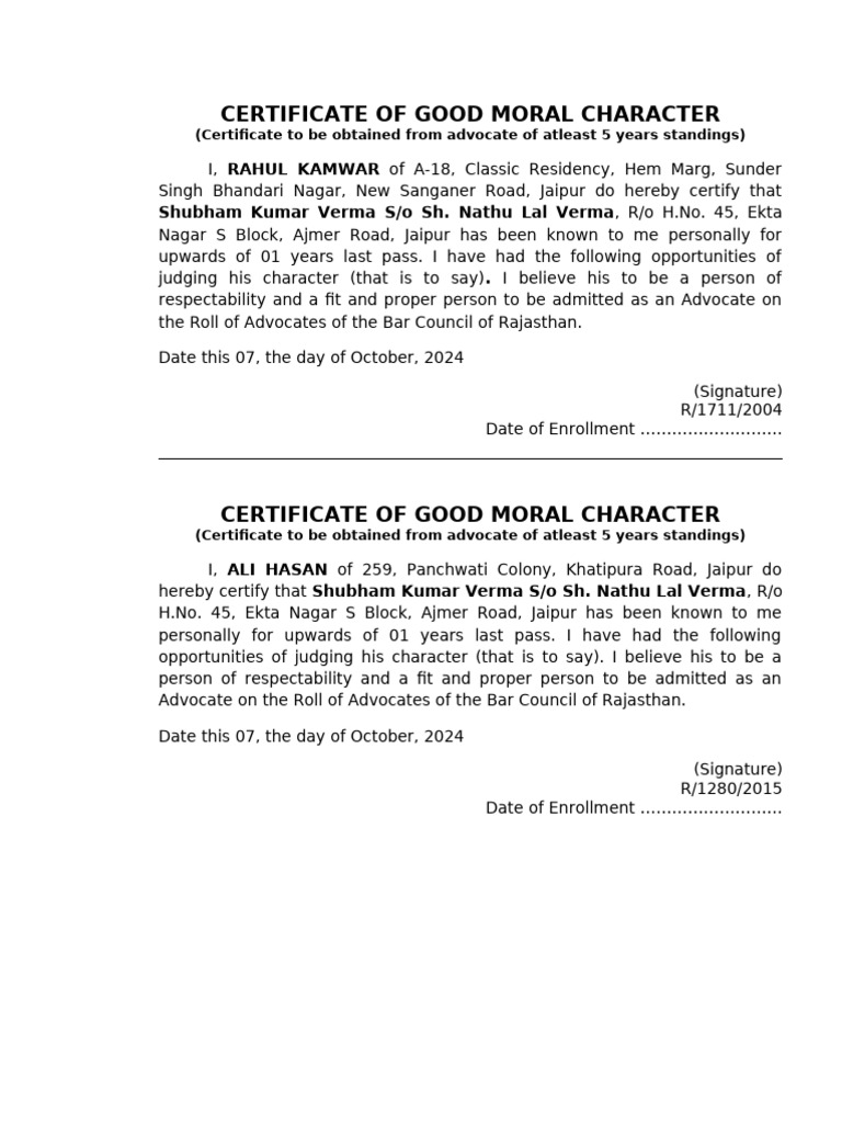 Good Moral Character Certificate Sample | PDF