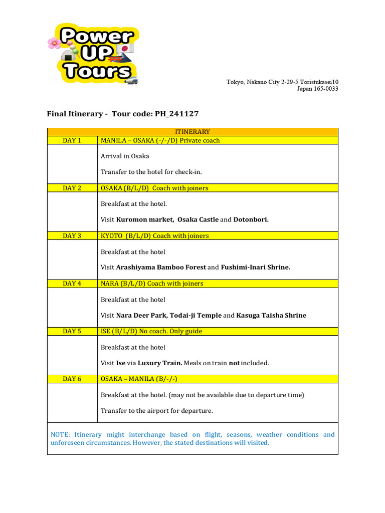 Final Itinerary - Tour Code PH - 241127 | PDF