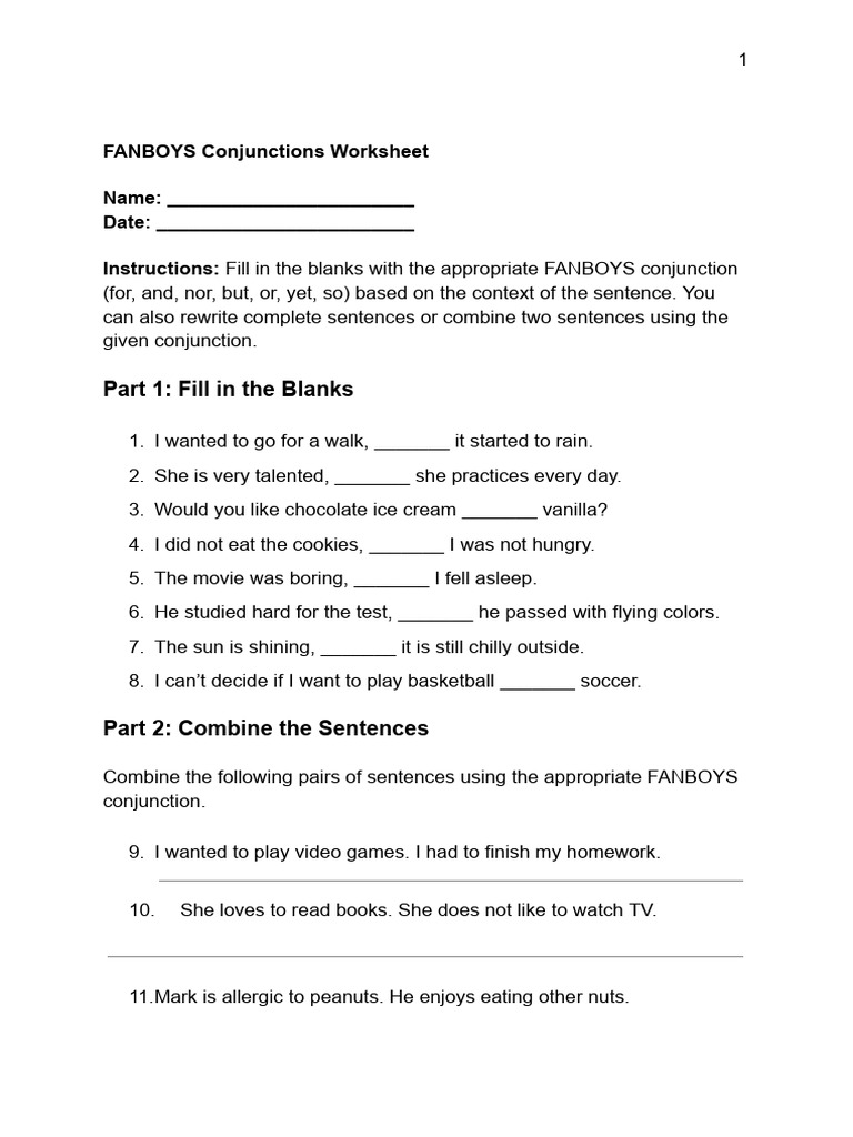 FANBOYS Conjunctions Practice Worksheet | PDF