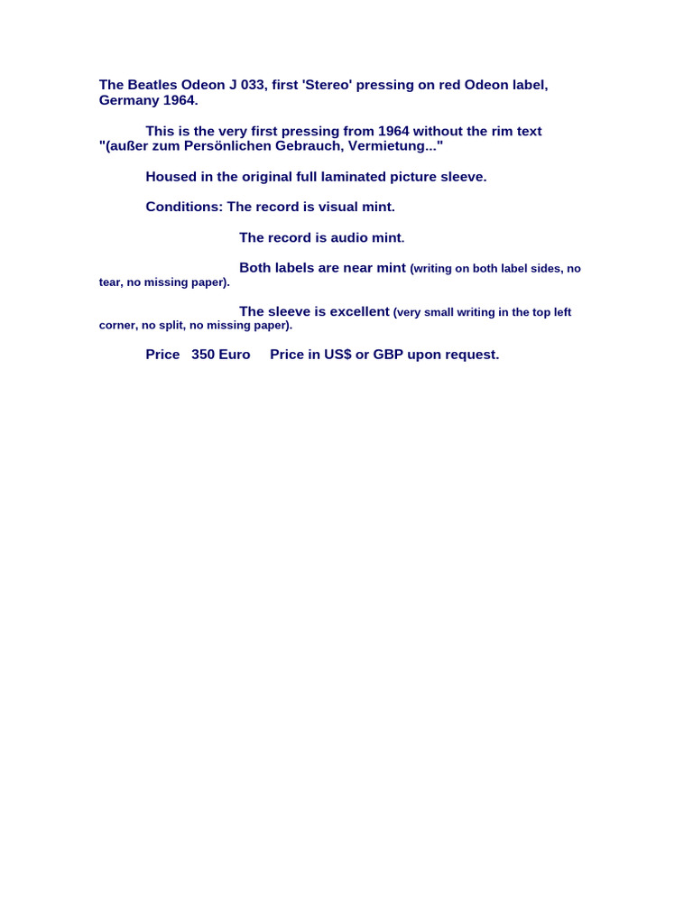 The Beatles Odeon J 033 | PDF