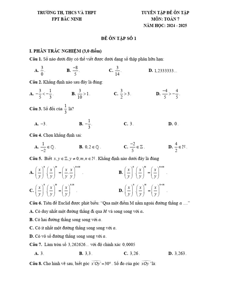 Toán 7 - GKI - Đề Ôn Tập | PDF