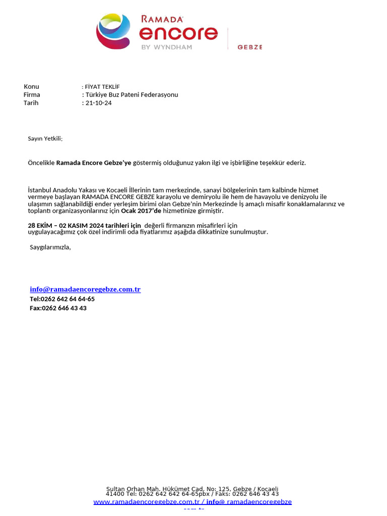 BB HB FB Ramada Kurumsal Fiyat Teklifi | PDF