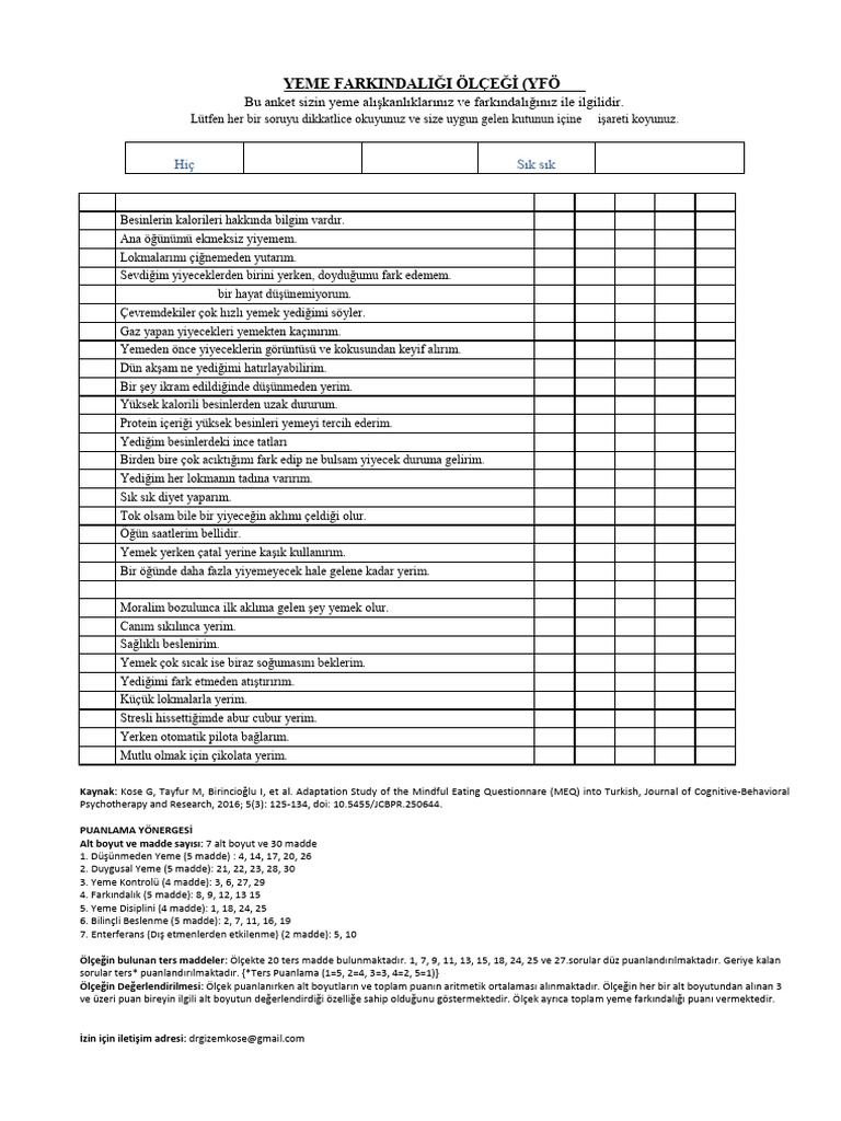 Yeme Farkındalığı Ölçeği-YFÖ 30 | PDF