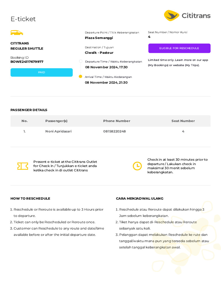 Eticket Reguler Shuttle BOWE24117679977 | PDF