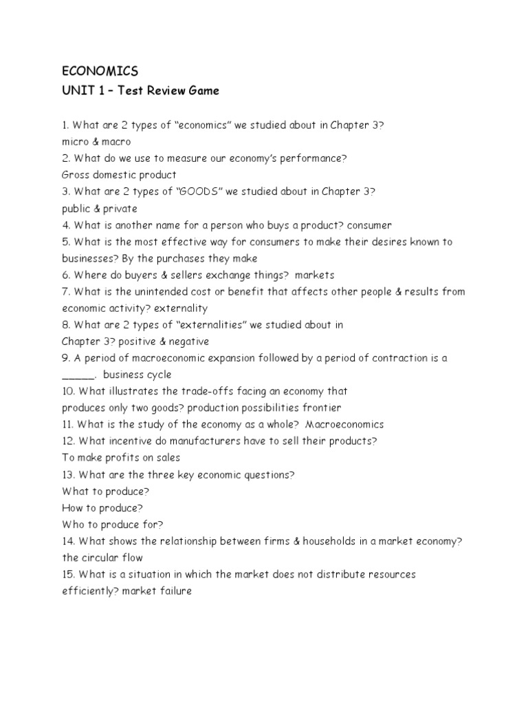Unit 1 Economics Test Review Guide | PDF | Factors Of Production ...