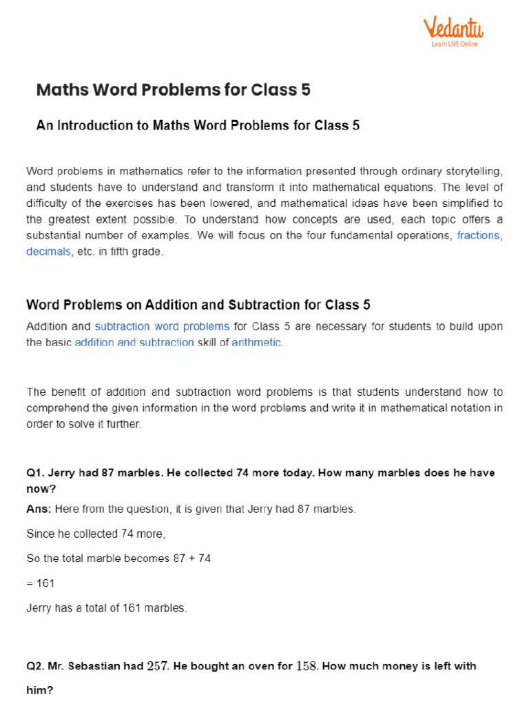 Maths Word Problems For Class 5 | PDF