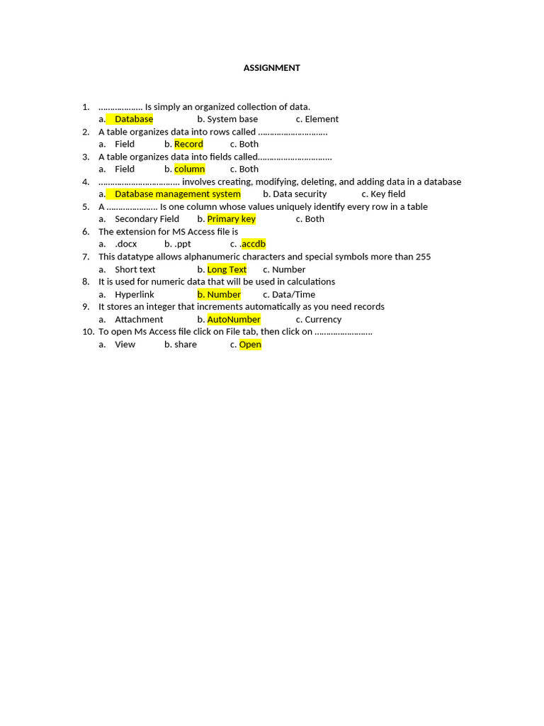 Database Fundamentals Quiz Questions | PDF