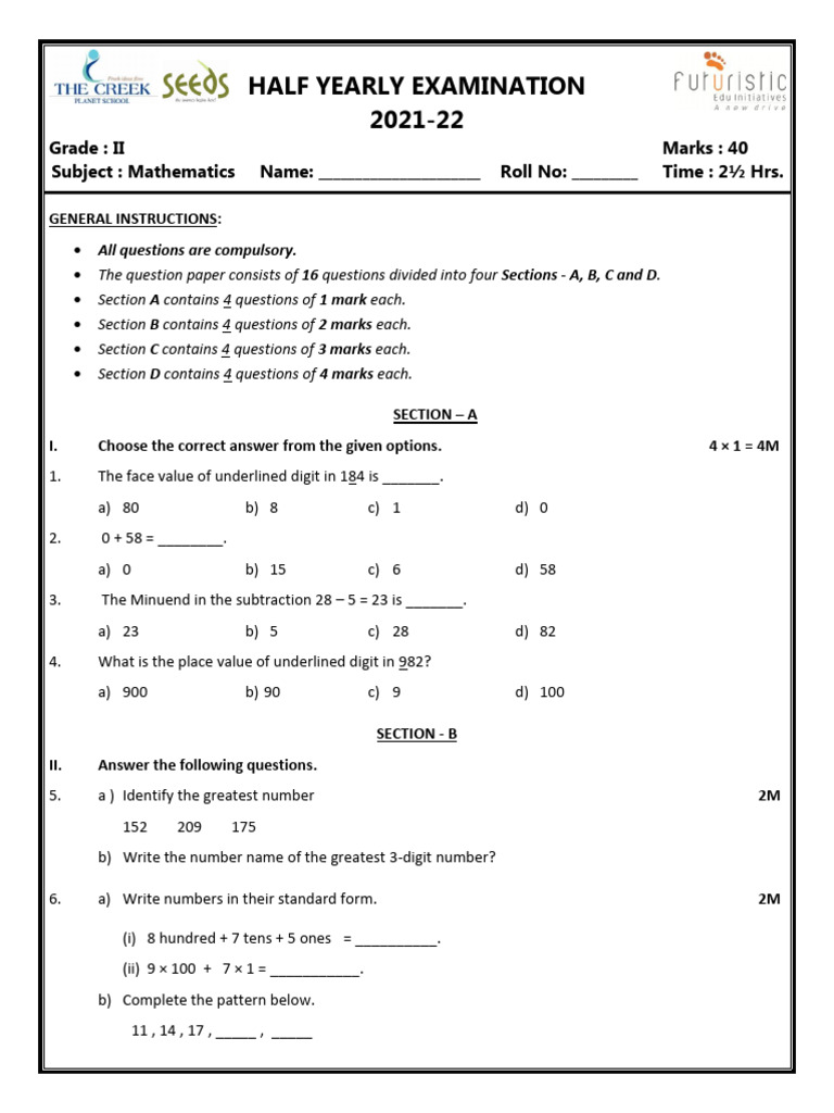 Grade II Mathematics Half-Yearly Exam | PDF | Subtraction | Mathematics